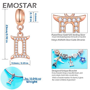 Gemini Zodiac Sign Charms fits Pandora Charm Bracelet – Rose Gold 925 Sterling Silver Necklace Pendant, 12 Horoscope Constellation Dangle CZ Beads, Gifts for Women/Mom