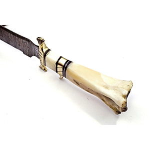 HandSmith™ 15" Handmade Damascus Steel Hunting Knife, Hand Forged Damascus Steel Fixed Blade Bowie Knife, Genuine Leather Sheath, Camel Bone Handle Firm Grip (White)