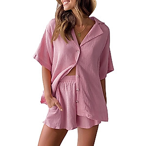 AUTOMET 2 Piece Sets For Women Lounge Wear Matching Two Piece Pajama Fashion Oversized Shirts And Shorts Spring Outfit 2025 Pink02 M