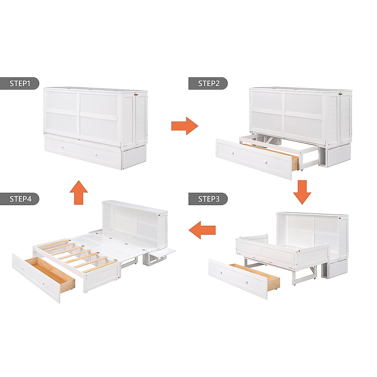 CJLMN Modern Queen Size Murphy Bed with Storage Drawer and Little Shelves on Each Side,Solid Wood Foldable Platform Bed Frame can Convert to Cabinet,Space Saving Design