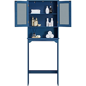 Topeakmart Over The Toilet Storage with 2-Door Tempered Glass Cabinet, Wooden Space-Saving with Toilet Rack and Inner Adjustable Shelf, L25xW9xH66, Navy Blue