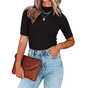 REORIA Women's Fall Basic Mock Neck Half Sleeve Slimming Leotards Tops Dressy Casual Ribbed Knit Thong T Shirts Bodysuits Black Medium