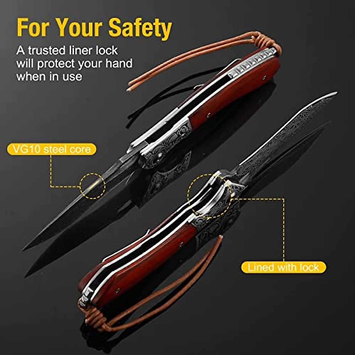 Damascus Pocket Knife for Men, AUGENWEIDE Damascus Steel Pocket Knife with Clip and Sheath, Handmade Real Damascus Steel Folding Knife, Gifts for Father's Day, Valentine's Day A-(KNIFE WITH A LEATHER SHEATH)