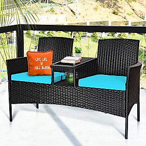 Tangkula Wicker Patio Conversation Furniture Set, Outdoor Furniture Set with Removable Cushions & Table, Tempered Glass Top, Modern Rattan Bench for Garden Lawn Backyard (Turquoise)