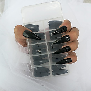 Lifextol Glossy Fake Nail 100pc Full Cover Acrylic Black Long Stiletto Press on Nails art Tips False Nail for Beginner Women and Girls Manicure(Black)