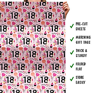 CENTRAL 23 Girls Wrapping Paper Birthday - 6 Sheets of Pink Gift Wrap - 18th Birthday Wrapping Paper for Women Her Friends - For Daughter - Age 18 - Comes with Fun Stickers