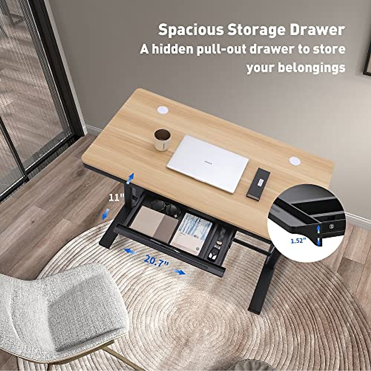 FARRAY Electric Standing Desk with Drawer, 45 x 24 Inch Adjustable Height Desk with Power Strip & USB Ports, One-Piece Top Stand Up Desk, Modern Sit Stand Desk (Oak Top + Black Frame)