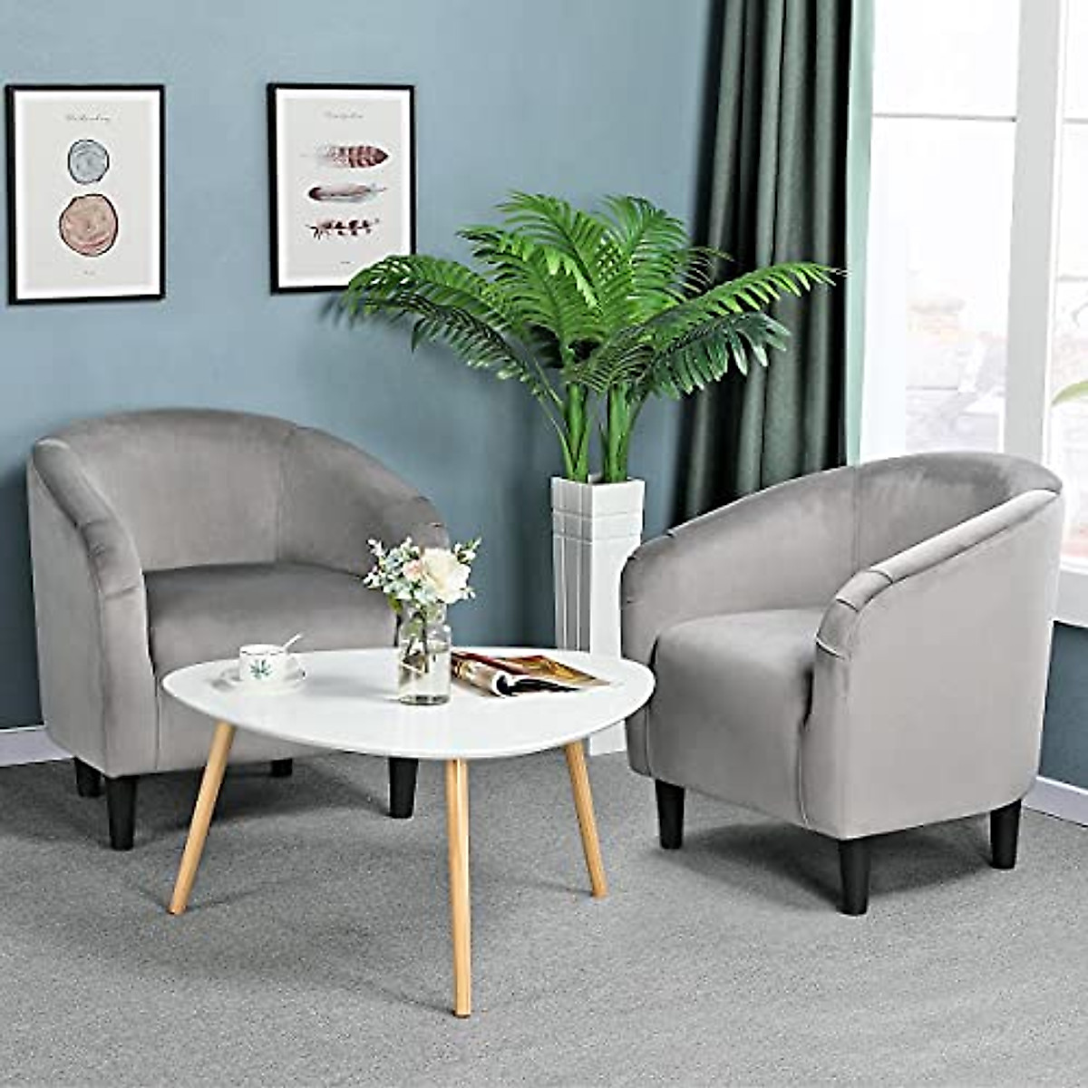 Yaheetech Velvet Comfy Accent Chairs Tufted Modern Barrel Chair with Soft Padded for Living Room/Waiting Room/Bedroom, Light Grey, Set of 2