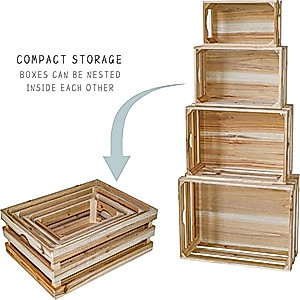 MACVAD Set of 4 Large Wooden Crates Unfinished Office Storage Crates, Decorative Wood Storage Crates for Display, Rustic Pine Wood Organizer Bin Basket for Kitchen Pantry Bathroom