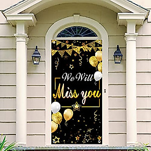Luxiocio We Will Miss You Door Banner Backdrop Decorations, Going Away Party Farewell Party Door Cover Supplies, Black Gold Happy Retirement Party Décor for Coworker