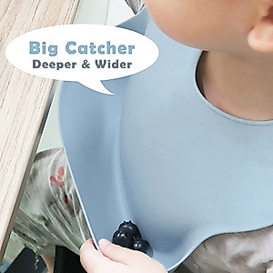 Baby Feeding Set 5 Pcs Silicone Dinner Plates and Cutlery Set, Santi & Me Baby Weaning Bowls with Suction & Silicone Bibs & Spoon and Fork & Toddler Cups Training Dishes Utensils(Dusty Blue)