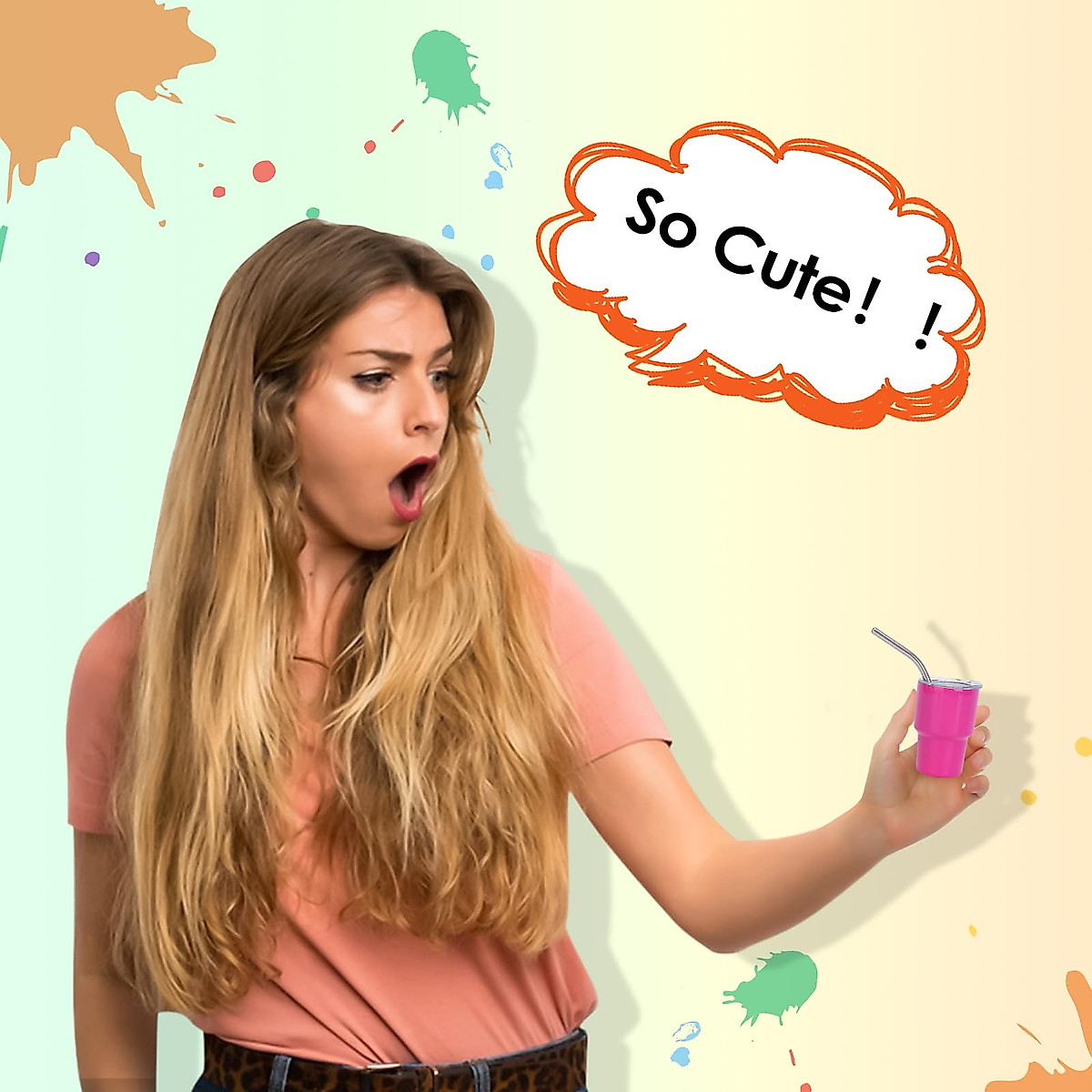 STFALI Cute Shot Glasses with Straw 2oz, Mini Shot Tumbler with Lid and Straw, Kawaii Insulated Tumblers for Espresso Coffee Spirits Cute Stuff Funny Gifts, Deep Pink