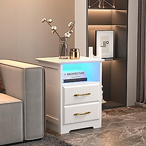 NEDYO White Nightstand with Charging Station & LED, Bed Side Table with 2 Drawers, Modern Small End Table for Bedroom and Living Room. Cream White