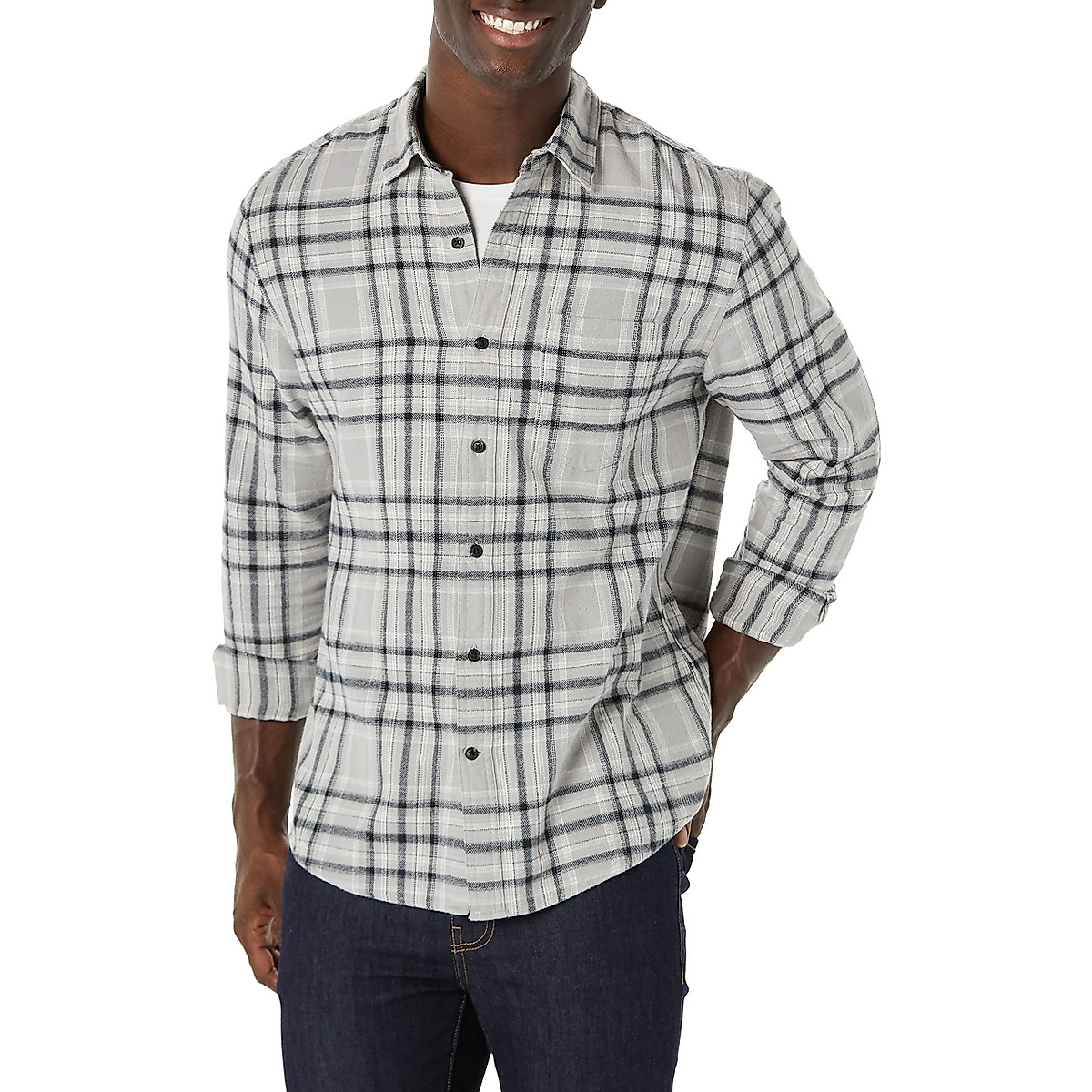 Amazon Essentials Men's Long-Sleeve Flannel Shirt (Available in Big & Tall), Black Light Grey Plaid, Large