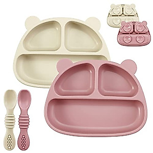 PandaEar 2 Pack Silicone Baby Suction Plates with 2 Spoons for Self Feeding, 100% Silicone Kids Toddler Suction Plates, Divided Baby Plate Set, Microwave & Dishwasher Safe, BPA Free