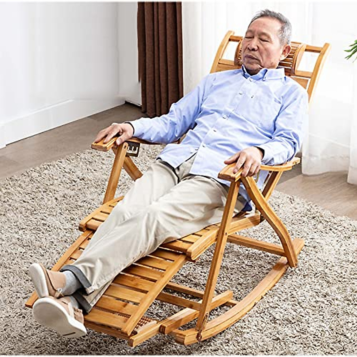 Lounge Chair, Wood Rocking Chair - Foldable Patio Rocker Bench with Pad, Adjustable Recliner for Garden Backyard (Color : with Brown Cushions, Size : with Blue Cotton Pad)