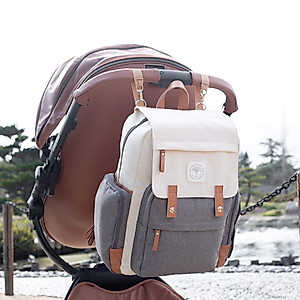 Huggleboo Diaper Backpack - Waterproof Canvas Baby Bag with Wipes Pocket Stroller Straps Changing Pad and Laptop Pocket - Unisex Maternity Travel Nappy Bag for Moms Dads Boys and Girls - Beige/Grey