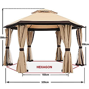 10'x10' Gazebos for Patios Outdoor Hexagonal Gazebo with Netting and Privacy Curtains by ABCCANOPY