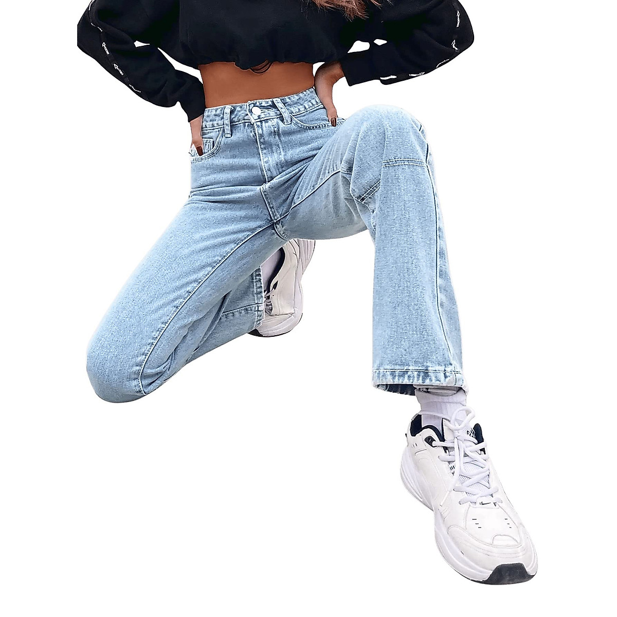 SweatyRocks Women's Casual High Waisted Straight Leg Boyfriend Jeans Denim Pants Light Wash S