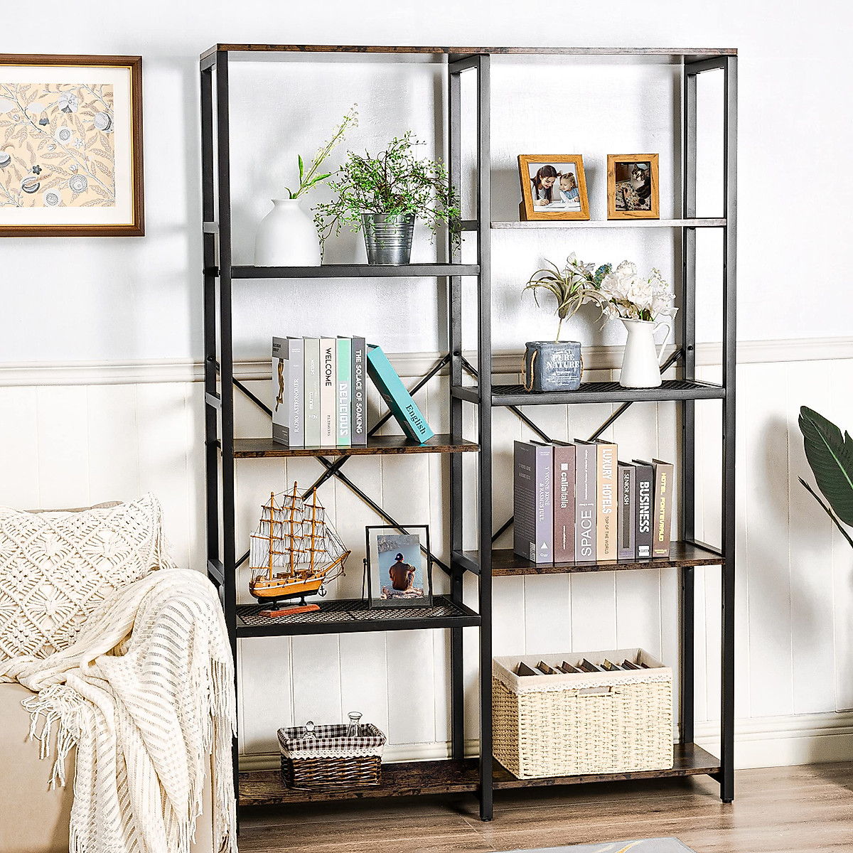 Becko US Bookshelf Bookcase Industrial 8 Tier Book Shelf Vintage Etagere Bookcase with Rustic Finish & Metal Frame & Wire Mesh
