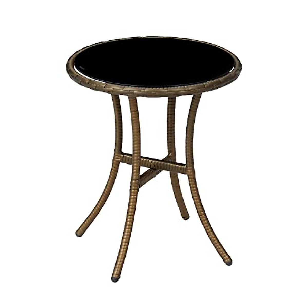Patio PE Rattan Side Table, Outdoor Round Wicker Covered Edge with Tempered Glass Top, Rattan Iron Frame Table Coffee Dining Table for Lawn, Garden, Pool(Brown)