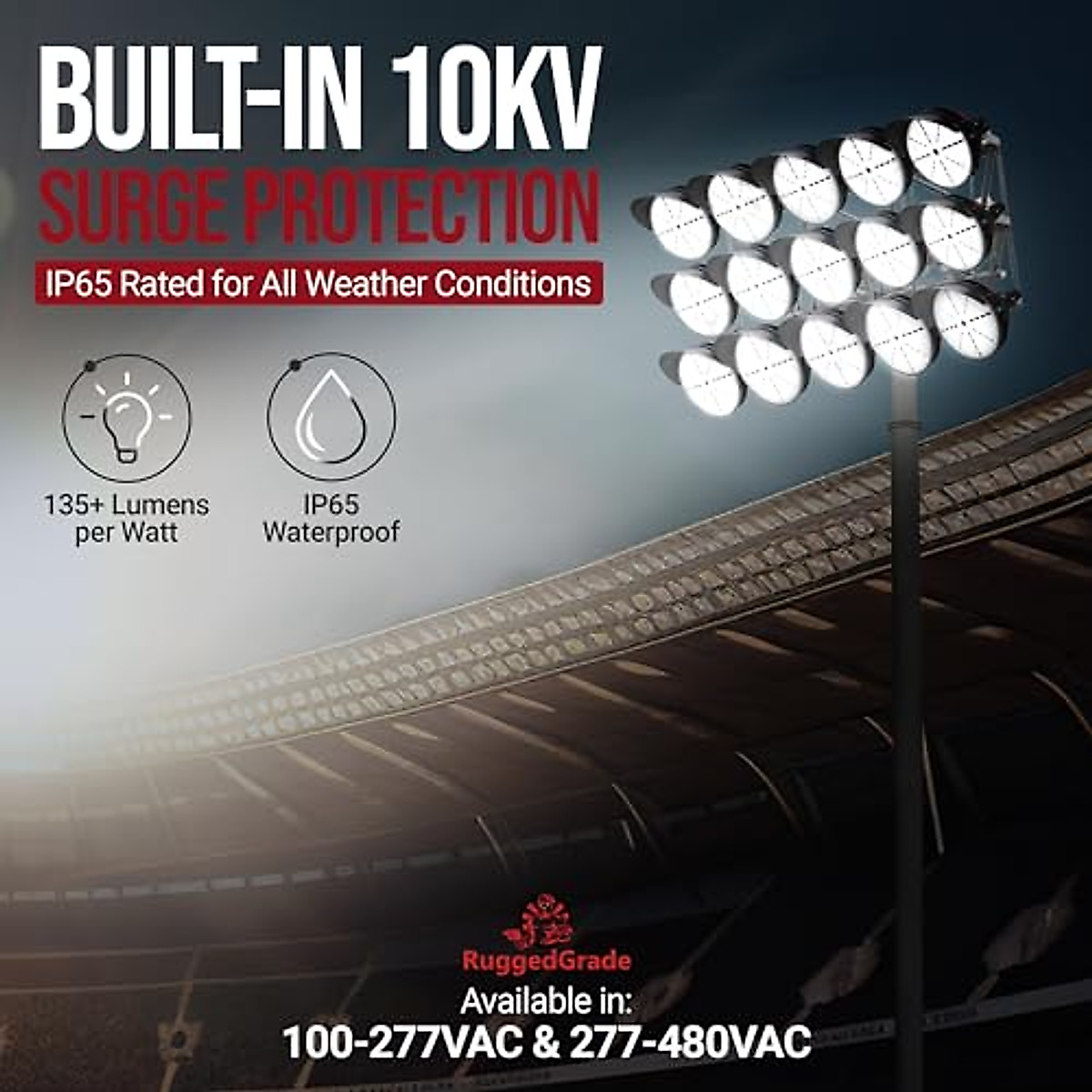 RuggedGrade 277-480V - 500W StadiumPro III LED Stadium Lights - 66,500 Lumen - 5000K - 30 Degree - Flood Mount