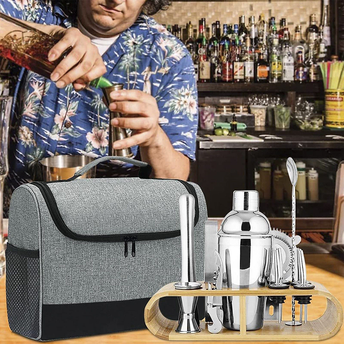 Jaugufiy Canvas Bartender Bag, Portable Travel Carrying,Cocktail Shaker Tool Set Travel Carrying Bag with Handle, Portable Travel Bar Carrier for Bar Kit, Bag Only（Grey）