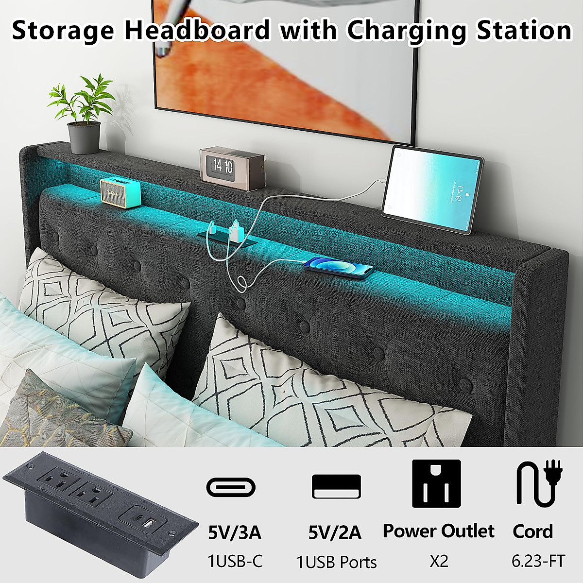 Loomie Queen Lift Up Bed Frame with Charging Station & LED Lights, Upholstered Bed with Button Tufted Wingback Storage Headboard, Hydraulic Storage, No Box Spring Needed, Wood Slats Support,Dark Grey