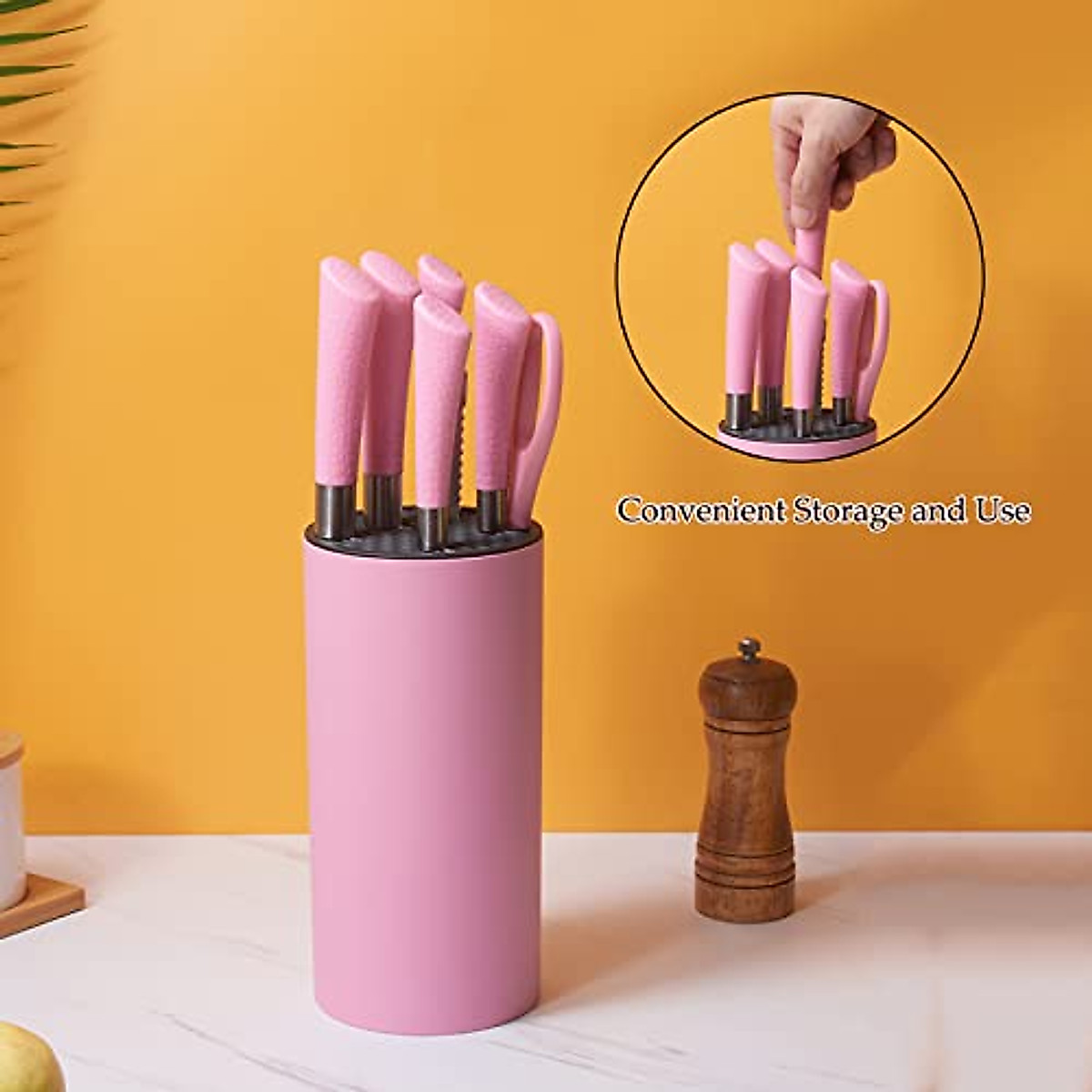 Kitchen Knife Set, Retrosohoo 7-Pieces Pink Non-stick Chef Knife Set with Storage Block, PP Handle Ultra Sharp Stainless Steel Cooking Knives with Gift Box for Girls Women (Pink)