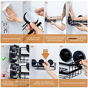 LEVERLOC Angle-adaptive Suction Cup Shower Caddy with Hooks, Heavy Duty Stainless Steel Shower Basket Organizer for Bathroom, Drill-Free Removable Rustproof Shower Rack, Black, 2 Pack