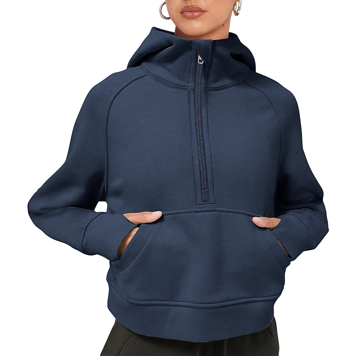 LASLULU Womens Cropped Hoodies Sport Athletic Zip Up Hoodie Sweater Fleece Jacket Sweatshirt Long Sleeve Pullover Fall Outifits 2024 Pockets(Navy Blue Medium)