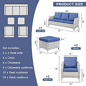 HUMMUH Outdoor Wicker Chairs Patio Dining Chairs Set of 2 PE Wicker Patio Chairs with High Back and Deep Seat, 4 inch Seat Cushions for Garden Porch Backyard (Mixed Grey/Blue)