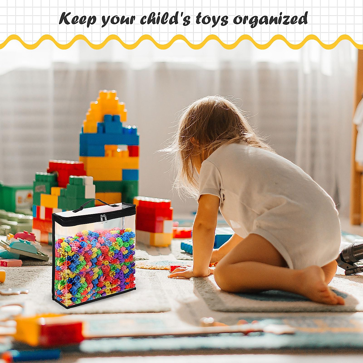 GliCraft 3 Pcs Toy Storage Bags with Zipper Clear PVC Organizing Bags with Zippered Waterproof Toy Bags for Storage Transparent Plastic Travelling Pouch for Toys Building Blocks Kids Books Puzzles