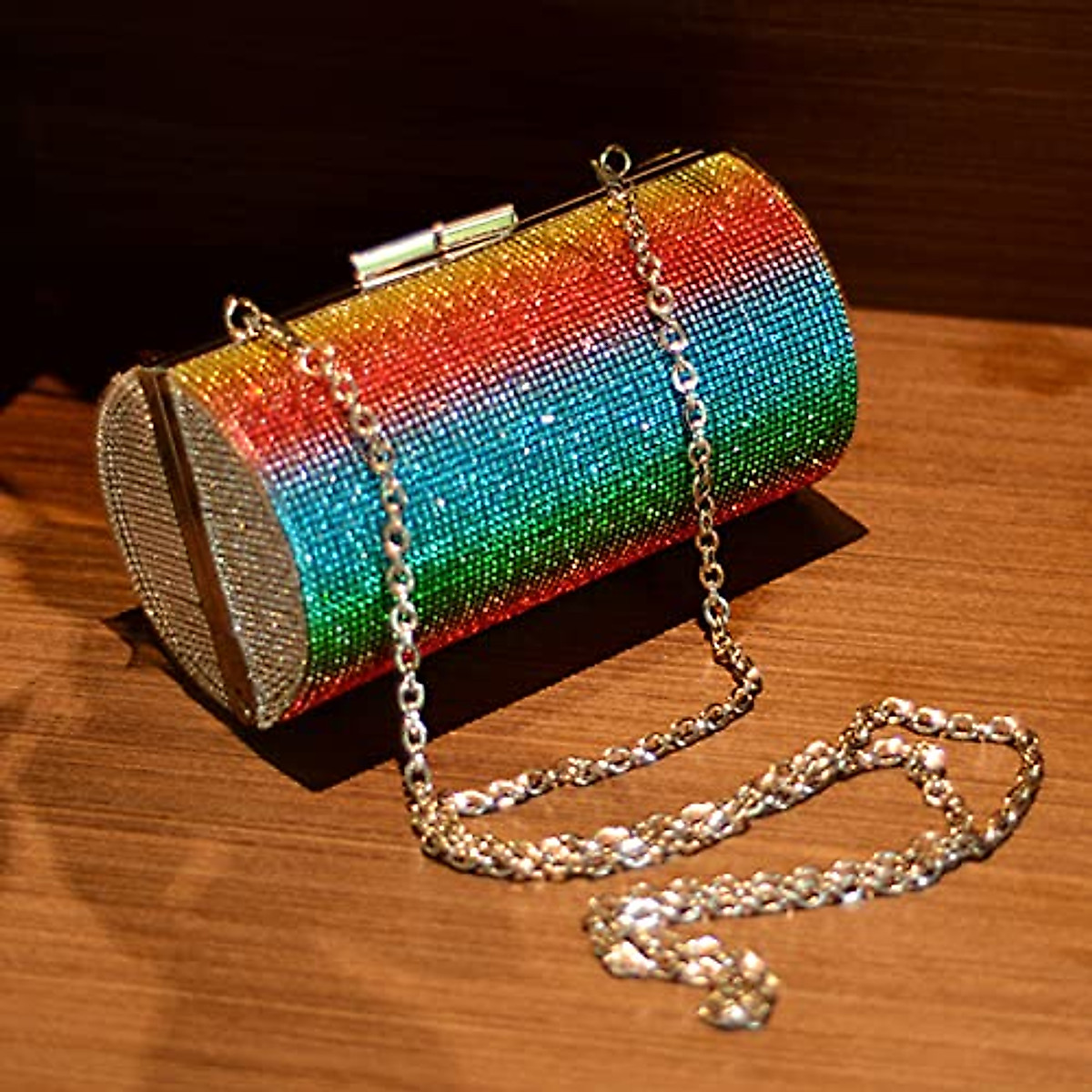 Rainbow Rhinestone Purse Evening Bag Luxury Holographic Handbag Clutch Bag Cylinder Shoulder Bag for Party Wedding