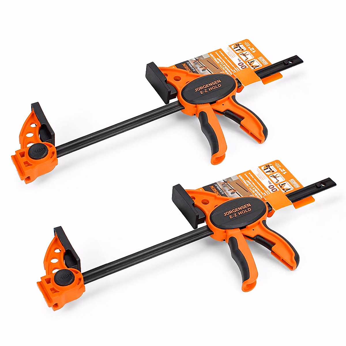 JORGENSEN 2-pack Ratchet Bar Clamps Set, Medium Duty, 12-inch One Hand Clamp, E-Z Hold Expandable Spreader