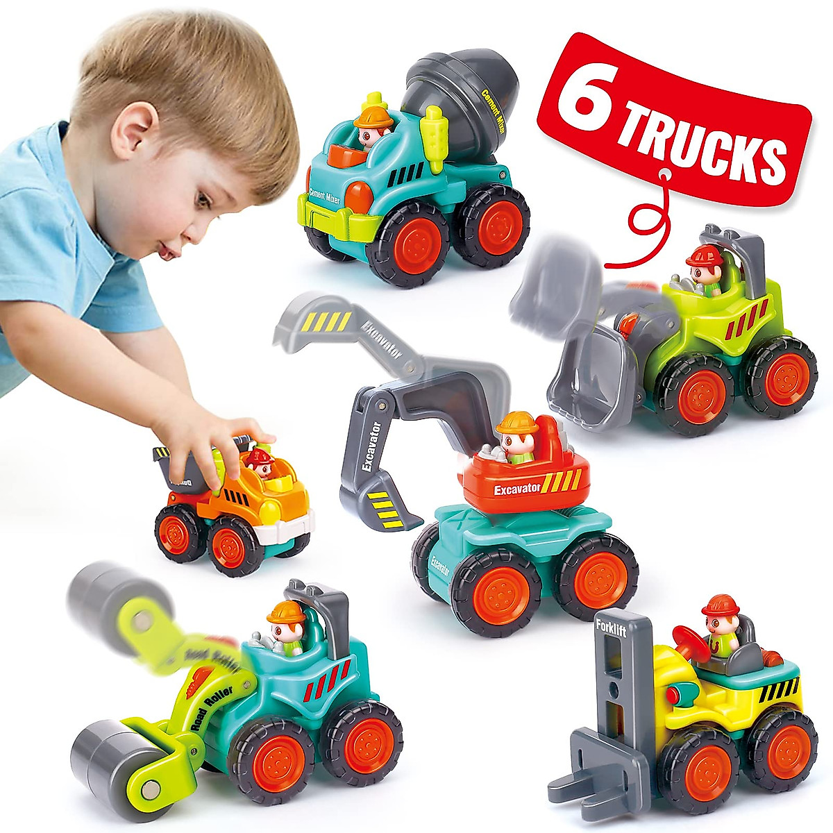 HOLA Toys for 1 Year Old Boy Birthday Gift - 6 PCs Toy Trucks Mini Car Toys for 2 Year Old Boy Birthday Gift, Toddler Toys Age 1-2, Baby Easter Basket Stuffers