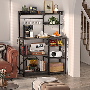 Aheaplus Bakers Rack with Power Outlet and LED Light Strings, Microwave Oven Stand Kitchen Storage Shelf with Wire Basket, Coffee Bar Station Island Table with 10 Hooks for Spices, Pots, Black Oak