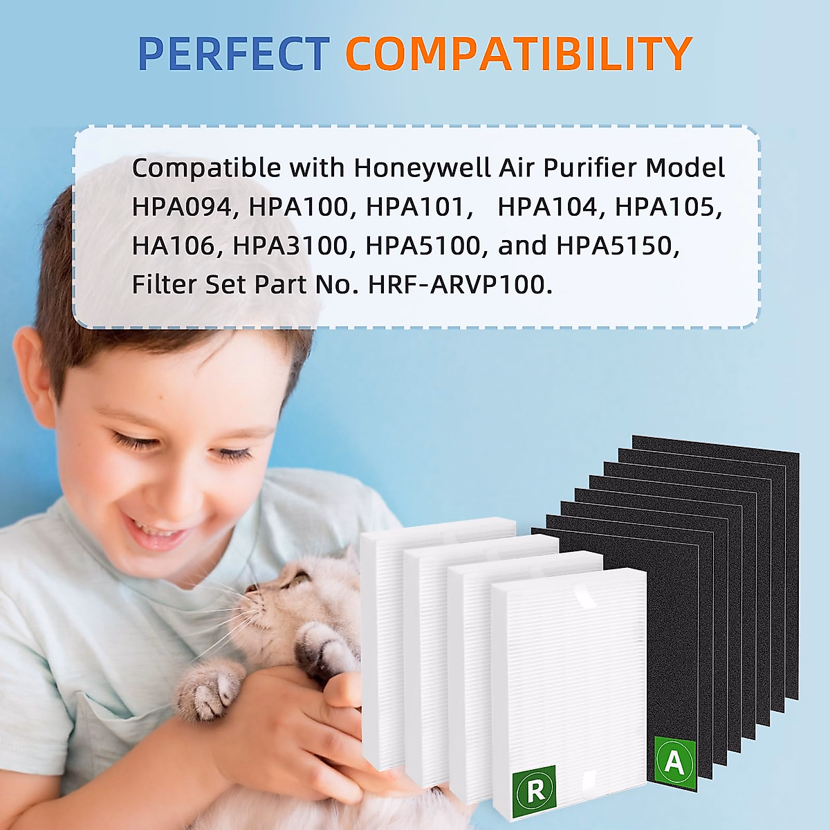 HPA100 Replacement Filters for Honeywell Air Purifier,Compatible with HPA100,HPA094, HPA104, HPA105 HPA3100, HPA5100,4 True HEPA R Filter + 8 Activated Carbon Pre-Filter A,Part No. HRF-ARVP100