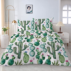 ARIGHTEX Green Cactus Pattern Bedding Sets Watercolor Cactus Collection Duvet Cover 3 Pieces Tropical Plant Bedspread Hand Painted Design Home Decor (Twin)