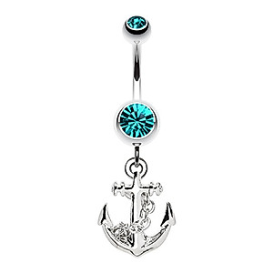 Covet Jewelry Classic Anchor Dangle Belly Button Ring (14 GA, Length: 10mm, Teal)