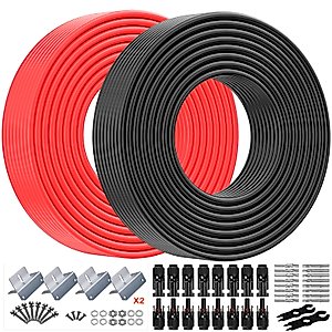 Temank 10AWG Solar Extension Cable 100Ft Black + 100 Ft Red, 10 Gauge Solar Panel Cables Wire 100 Ft with 8 Pairs 1500V Solar connectors and 2 Sets of Z Brackets