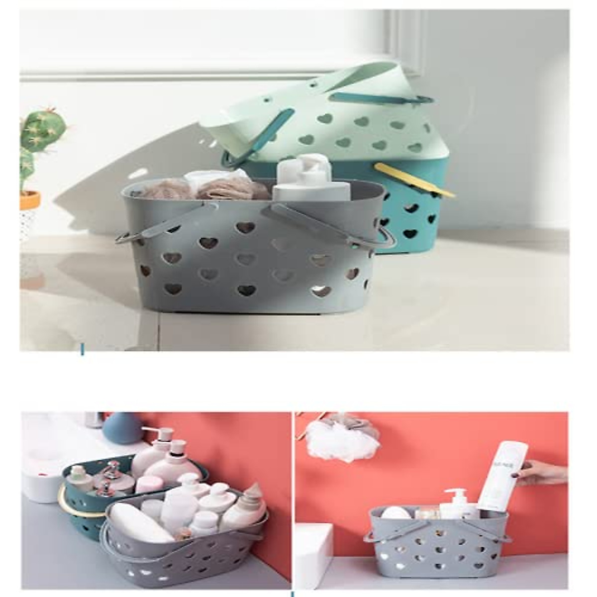 3Pack Portable Shower Caddy Tote Plastic Storage Basket，Heart Shaped Bath Basket Storage Basket with Handle for Bathroom, Pantry, Kitchen, College Dorm