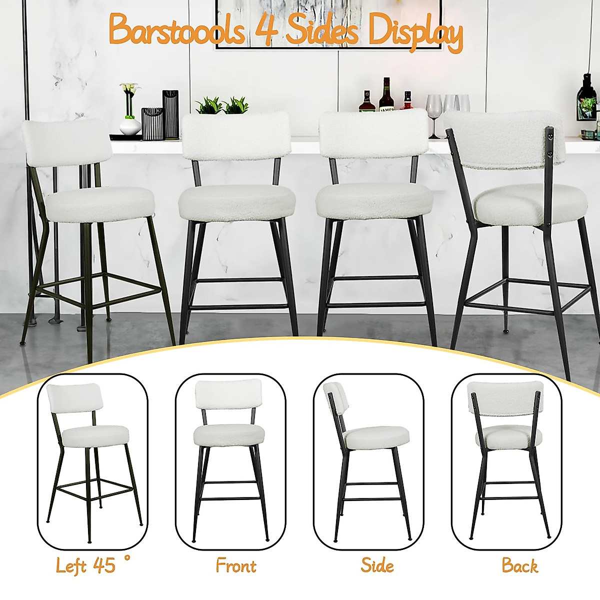Sucrever 24” Boucle Bar Stools Set of 4, Counter Height Bar Stools with Back, Sherpa Barstools with Black Metal Legs/Footrest, Cream White Boucle Bar Chairs Bar Stools for Kitchen Island, Dining Room