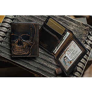 House of Jack Co. SKULL Slim Card Wallet | Minimalist Bifold Card Case | Slim Front Pocket Card Holder | Handburnished Premium Leather