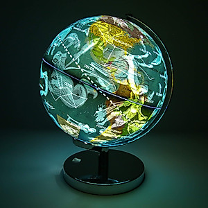 Exerz Illuminated World Globe 9.1-inch Diameter Metal Base - Political Map (Day) Constellation Globe (Night) - 2 in 1 Light up Cable Free LED lamp