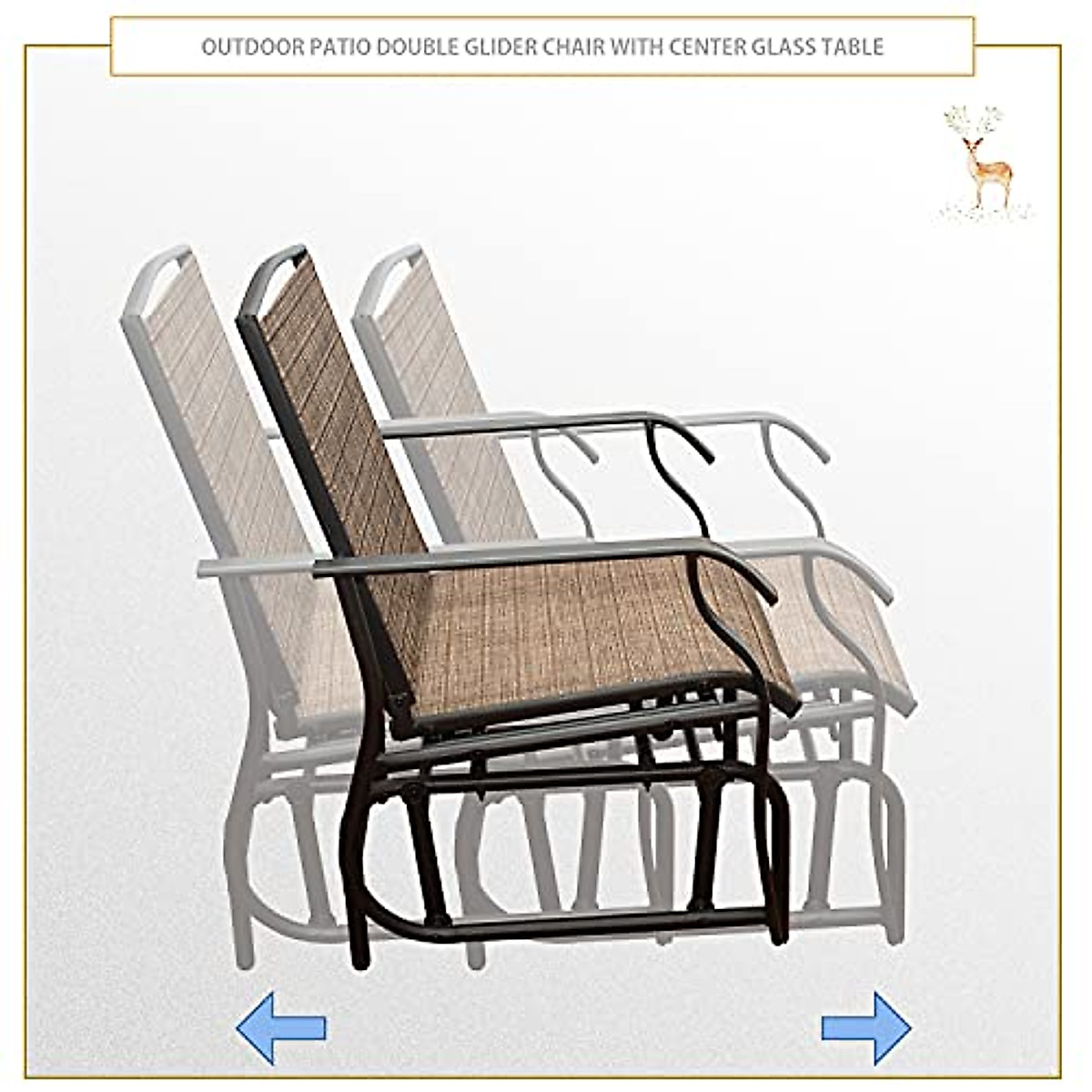 HSQQ 3 in 1 L Porch Glider Loveseat Outdoor Patio Swing Glider Chair 2-Person Outdoor Sling Fabric Double Glider Rocker Chair, Coffee Table with Umbrella Hole for Garden, Porch, Backyard, Beige
