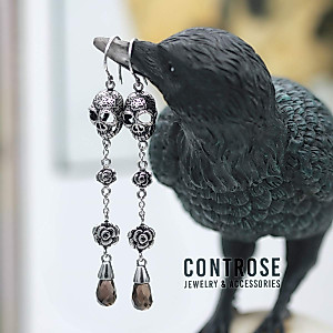 Skull and Rose Earrings Design with Smoked Quartz Teardrop