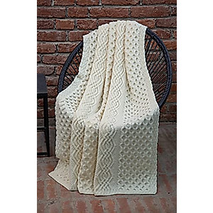 SAOL Honeycomb and Cable Knit Patterns 100% Irish Merino Wool Aran Throw/Blanket 60 x 40 inches (Natural)