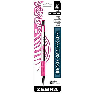 Zebra F-301 Stainless Steel Retractable Ballpoint Pen, 0.7mm, BCA Pink Barrel, Black Ink (6)