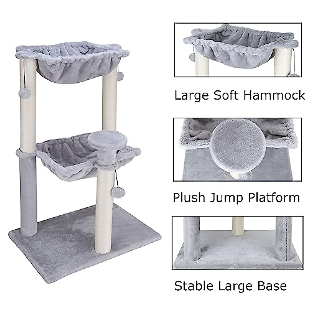 Dimaka Cat Tree Tower with 2 Big Soft Spacious Top Hammocks for Indoor Cats,Multi-Level Cat Furniture with 3 Dangling Balls for Adult Cats,Gray(33.5" Tall)